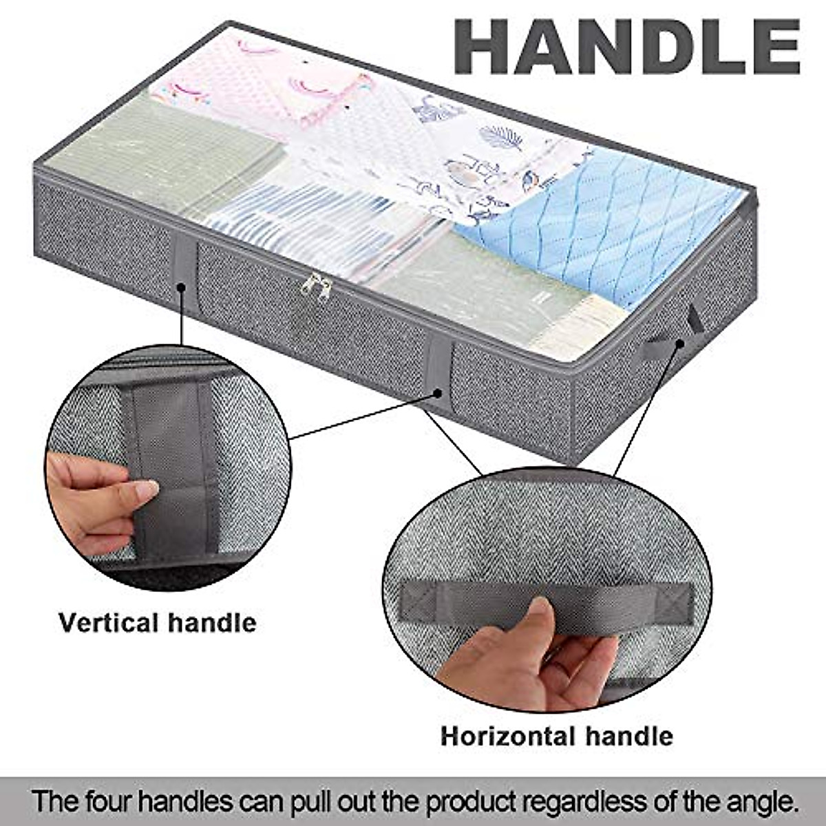Under the Bed Storage Bags Container,Foldable Large Capacity Underbed Bins Organizer with 4 Strong Handles,2 Sturdy Zippers and Clear Window for Blanket Comforter Clothing Bedding