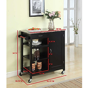 King's Brand Furniture-Black Wood & Marble Finish Top Kitchen Storage Cabinet Cart