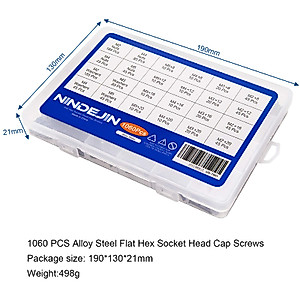 NINDEJIN Hex Socket Flat Head Screw M2 M3 M4 M5 Bolts Nuts and Washer Assortment Kit, 1060PCS Metric Screws with 4PCS Allen Wrenches, Small Black Machine Screws Set, 12.9 Carbon Steel