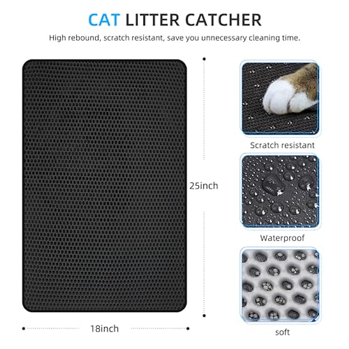 Cat Litter Mat Litter Trapping Mat, Honeycomb Double Layer Litter Box Mat, Waterproof Leakproof Washable Easy Clean, Anti-Slip, Scatter Control, No Phthalate, Scratch Resistant, 25" x 18" Black