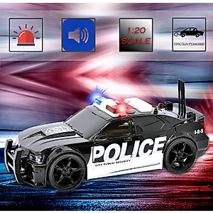 Number 1 In Service Friction Powered Police Car Toy Rescue Vehicle with Lights and Siren Sounds for Boys Toddlers and Kids, Pull Back 1:20 Diecast Vehicle Car