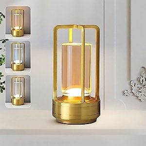 Aiwewin Cordless Led Table Lamp Rechargeable,Battery Operated Led Desk Lamp with Touch Control 3 Color Dimmable Portable Gold Aluminum Beside Lamps for Living Room Office Restaurant Camping