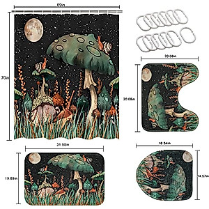 Alishomtll 4 Pcs Mushroom Shower Curtain Sets with Non-Slip Rug, Toilet Lid Cover and Bath Mat, Cute Hippie Moon Shower Curtain with 12 Hooks, Green Black Bathroom Sets with Shower Curtain and Rugs
