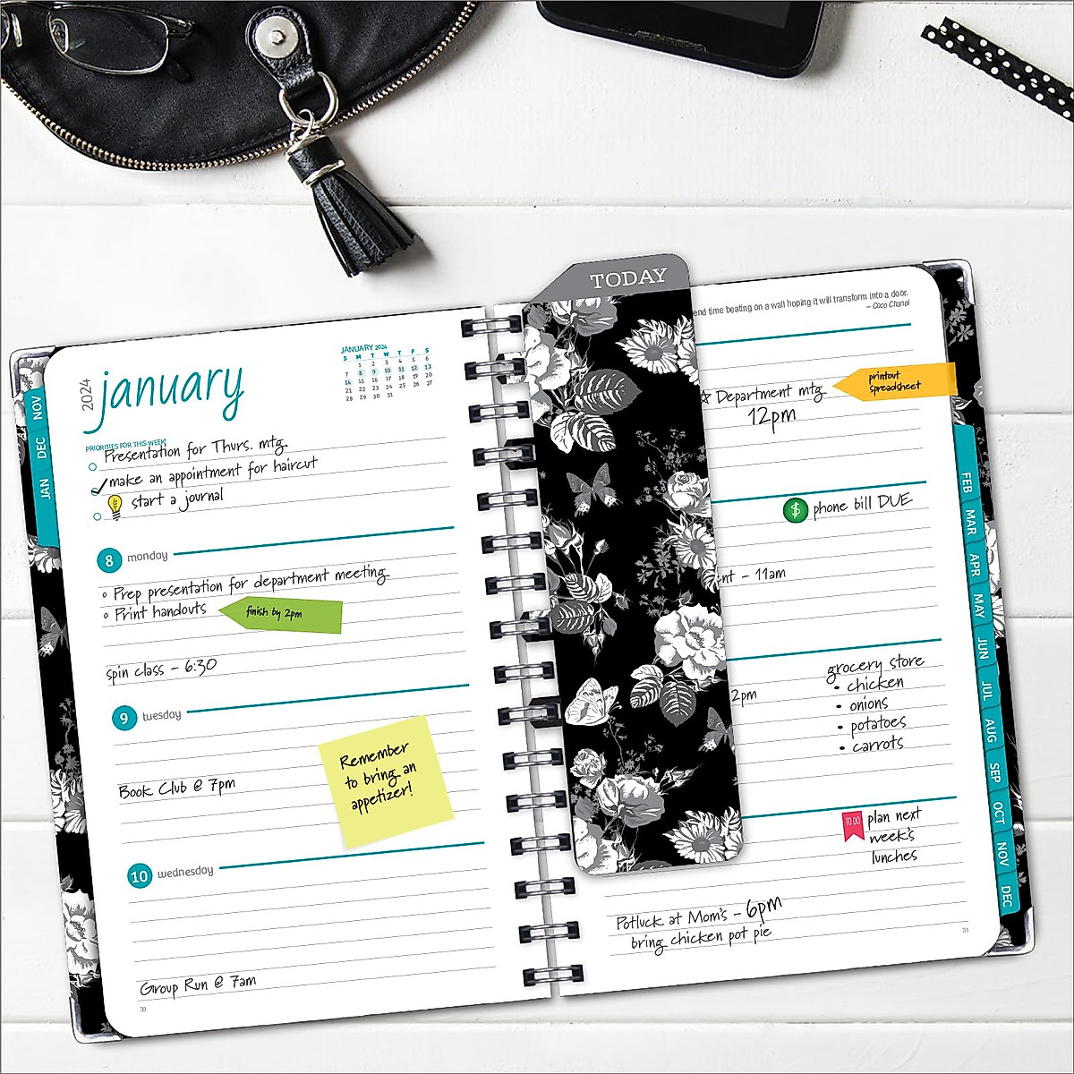 HARDCOVER 2024 Planner: (November 2023 Through December 2024) 5.5"x8" Daily Weekly Monthly Planner Yearly Agenda. Bookmark, Pocket Folder and Sticky Note Set (Monochrome Floral)