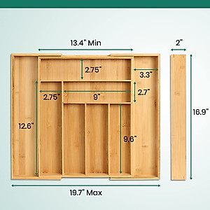 TreeLen Bamboo Expandable Drawer Organizer, Adjustable Cutlery Organizer in Drawer, Kitchen Utensil Organizer Silverware Tray for Drawer, Cutlery Tray Utensil Tray, Silverware Holder for Drawer