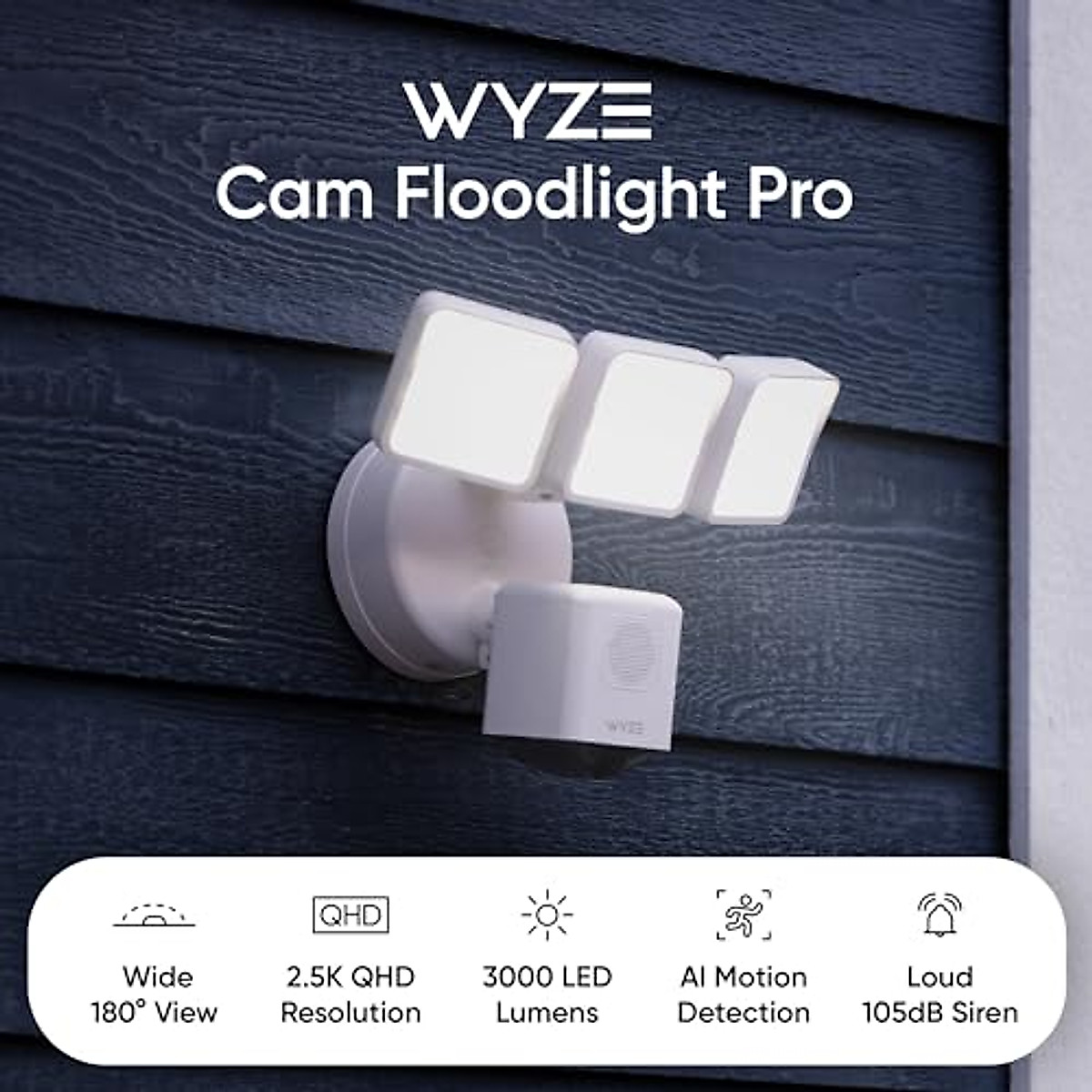 WYZE Floodlight Camera Pro, 3000-Lumen LEDs, 180° Wide View, 2K HD Outdoor Security Camera, Motion Detection, 105dB Siren, Cloud & Local Storage, Color Night Vision, for Home Surveillance, Wired
