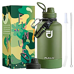 FUNUS 64oz Insulated Water Bottle (2 Lids) Vacuum Stainless Steel with Handle Flip Top Lid and Paracord BPA Free Metal Water Jug Sports Outdoor Camping