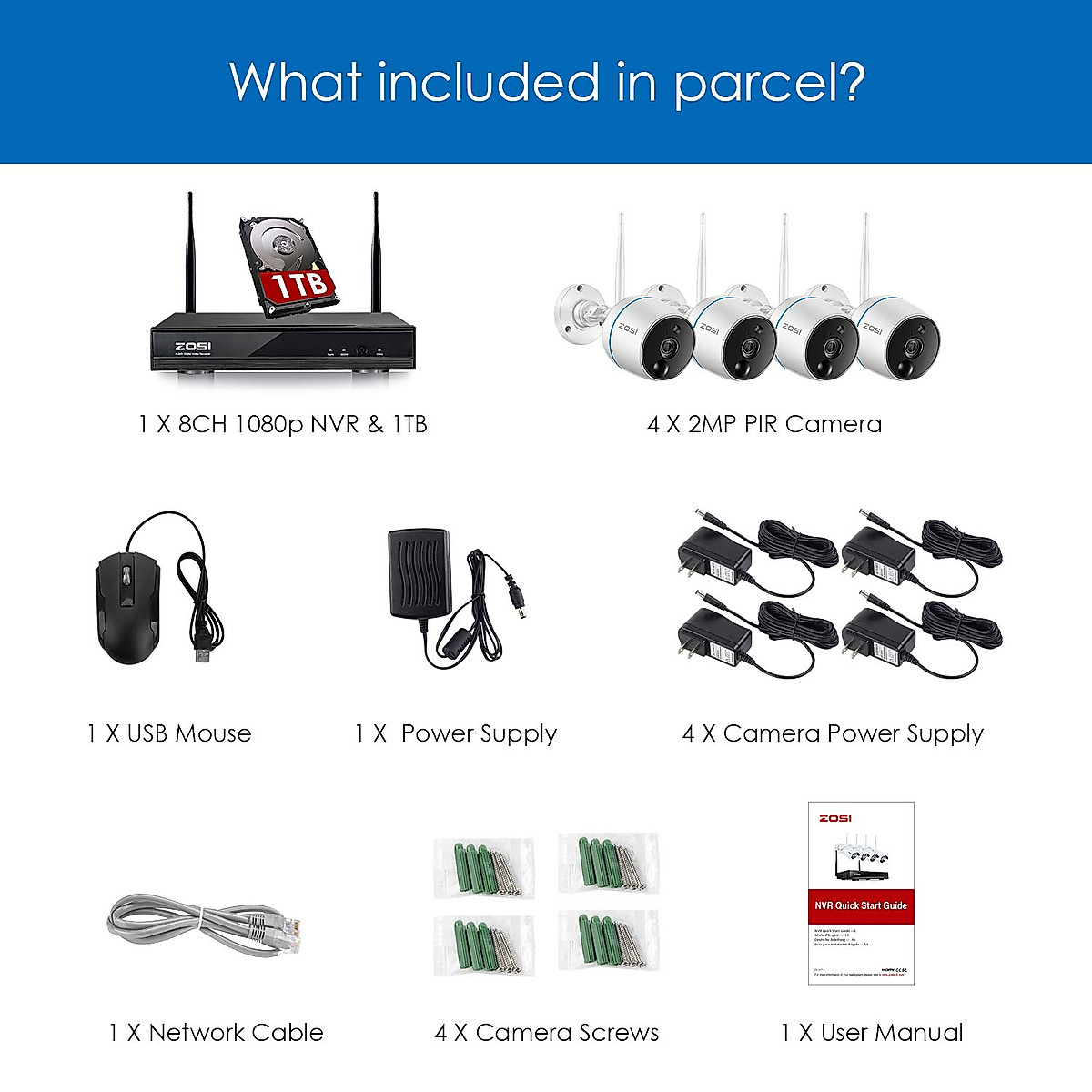 ZOSI 2MP Wireless Security Camera System, 8CH NVR with 1TB HDD and (4) Weatherproof IP Camera 1080p, Plug and Play, Auto Match, Two-Way Audio, Pir Motion Detection, Remote Access (Renewed)