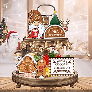 10 Pieces Christmas Tiered Tray Decor-Winter Holiday Gingerbread Themed Decor with Hot Cocoa Bar and Cute Gnomes Wooden Signs for Farmhouse Rustic Centerpiece Home Room Table Fireplace Shelf