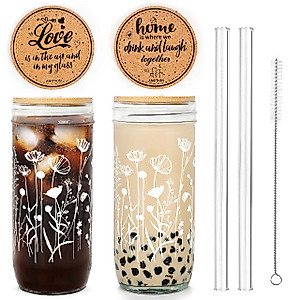 ANOTION Floral Coffee Cups, Mason Jars with Lids and Straws Glass Cups with Wildflower Bamboo Lid Iced Coffee Cups Tumbler Drinking Glasses Travel Coffee Mug Gift for Women Sister Mom