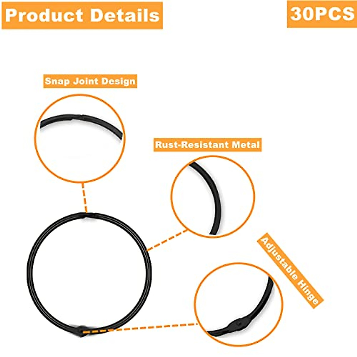 30Pcs Shower Curtain Rings Rustproof Shower Curtain Hooks for Bathroom Decorative Metal Round Shower Ring Hooks for Shower Rods Curtains (Black)