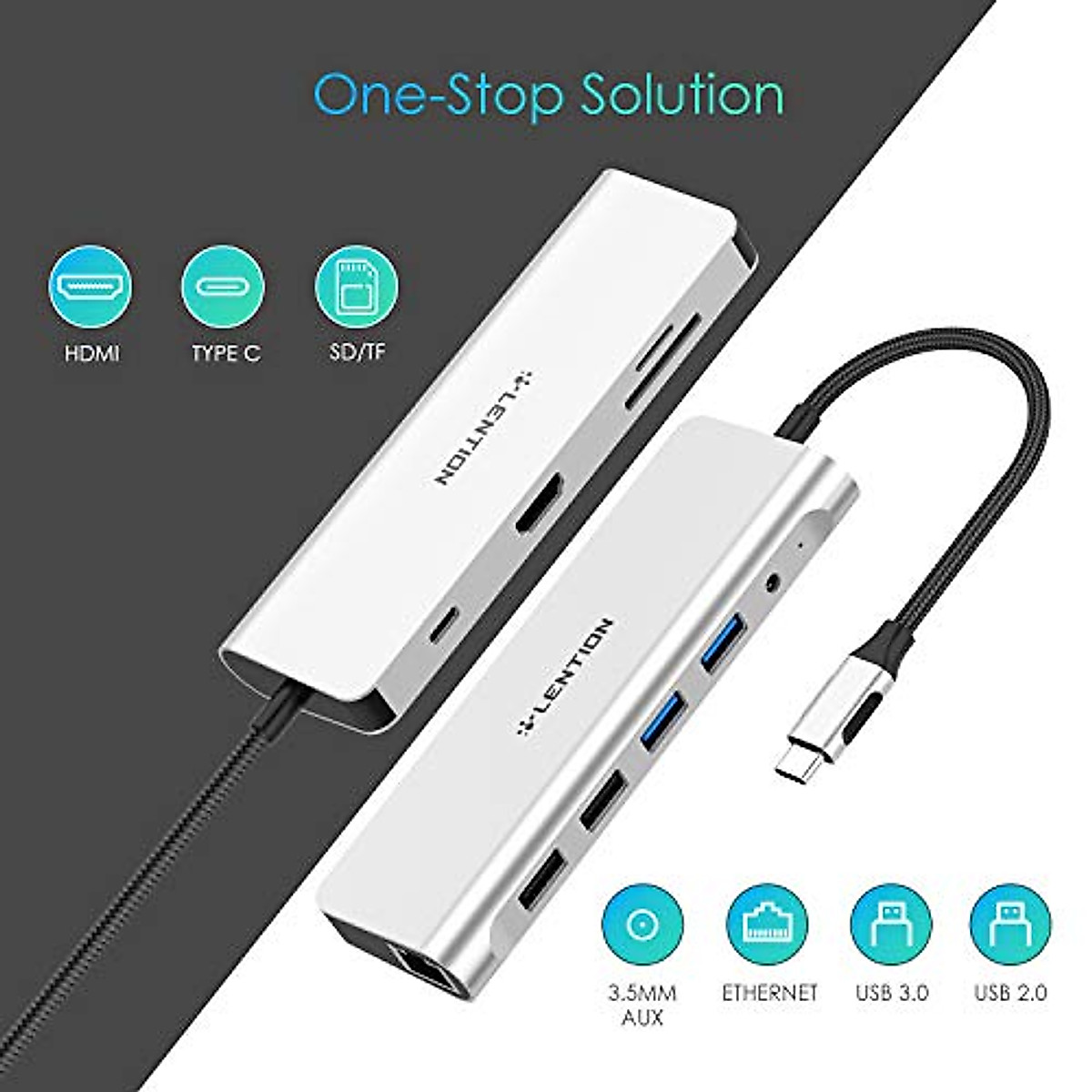 LENTION USB C Hub with 4K HDMI, SD 3.0 Card Reader, Gigabit Ethernet, Charging, USB 3.0/2.0 & Aux Port Compatible MacBook Pro, New Mac Air/Surface, More, Stable Driver Adapter (CB-C69, Silver)