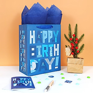 2 Pack 10.6” Medium Blue Gift Bag Set with Greeting Card and Tissue Papers (Blue Happy Birthday) for Men's Birthday Party, Kids' Parties, Baby Shower, or Baby Boy - 8.3”x4.3”x10.6”, 1 Pcs
