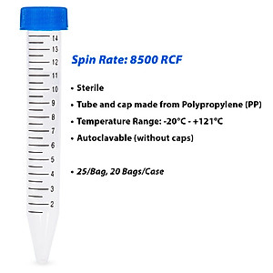Globe Scientific 6285 Polypropylene Centrifuge Tube with Attached Blue Flat Top Screw Cap, Sterile, Printed Graduation, Bag Pack, 15mL Capacity (Case of 500)