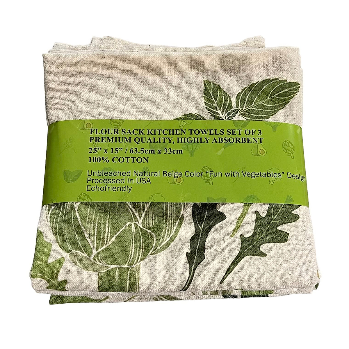 Fancy Flour Sack Kitchen Towels Set of 3 Premium Quality, Highly Absorbent, Vegetable Print White