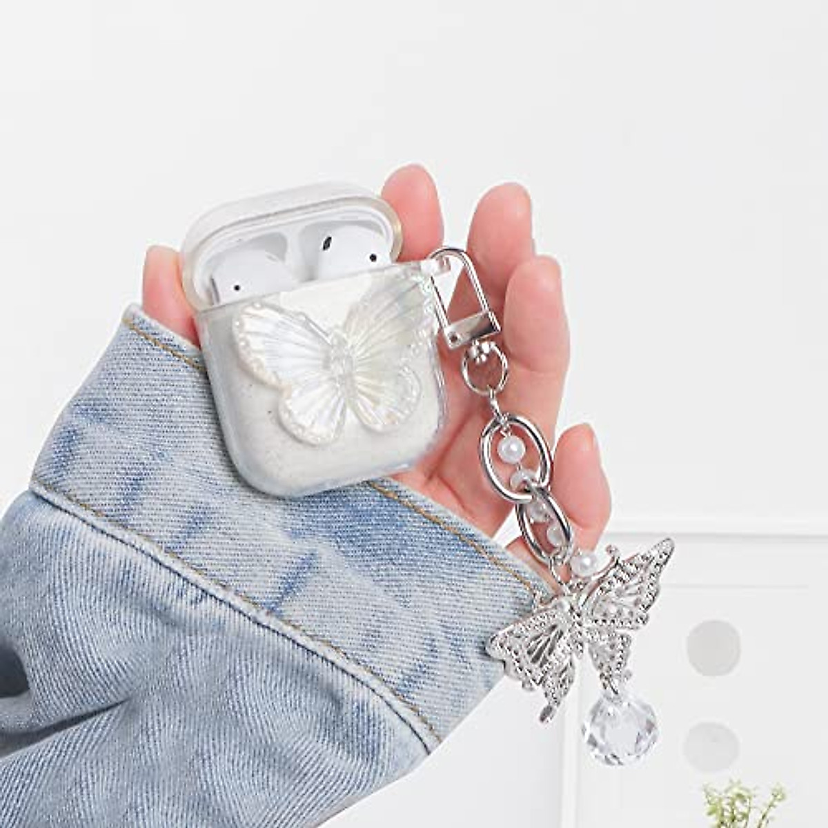 MOLOPPO Compatible with AirPods Case with Girls Cute Clear Glitter Butterfly Design Smooth Soft TPU Cover Case for Airpods 2 &1,Cute for Airpods-Butterfly