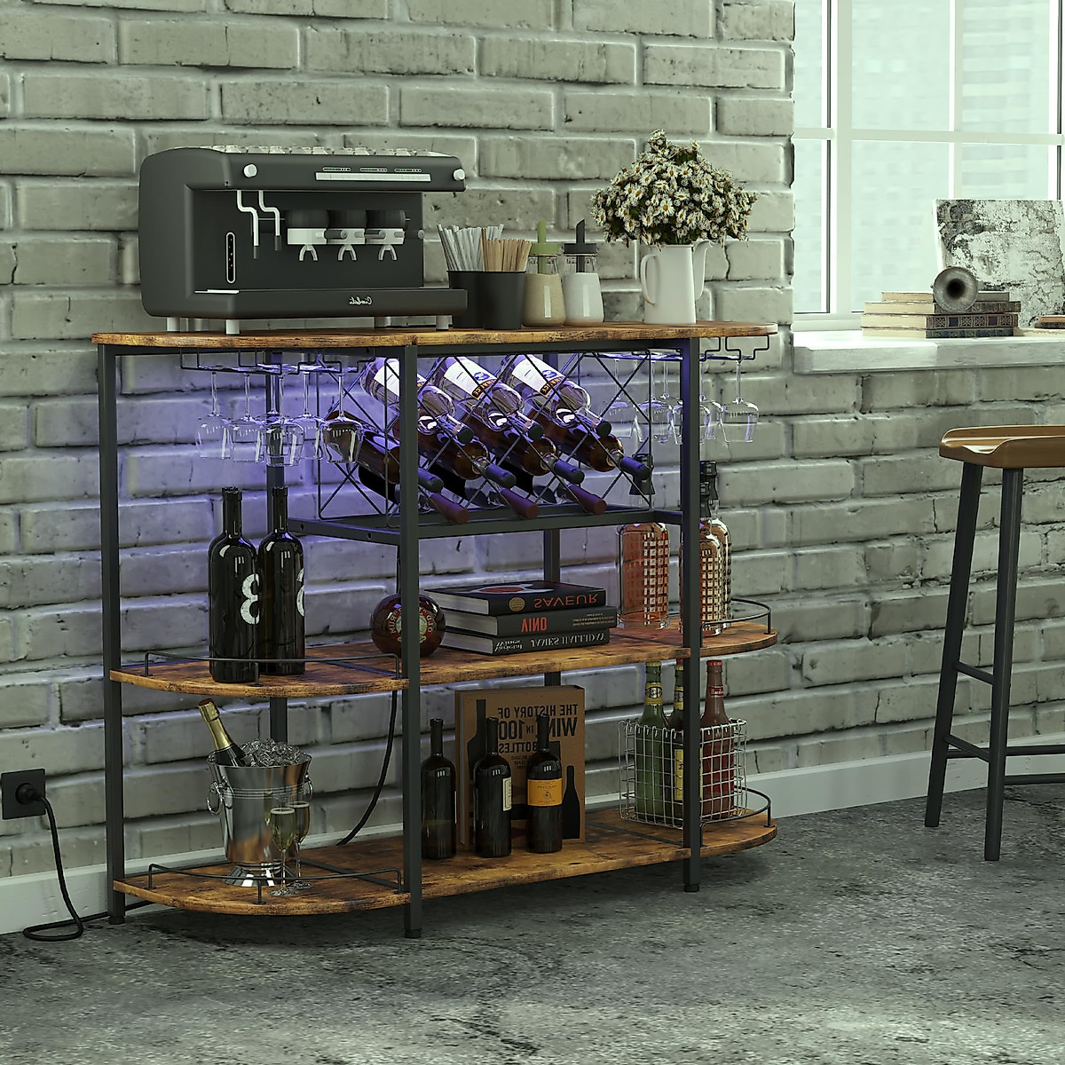 ZOPEND Wine Cabinet Coffee Table with Power Socket and LED Light, Three Tiers Coffee Bar Table Wine Rack Liqour Bar with Large Storage for Home Kitchen (Retro Brown)