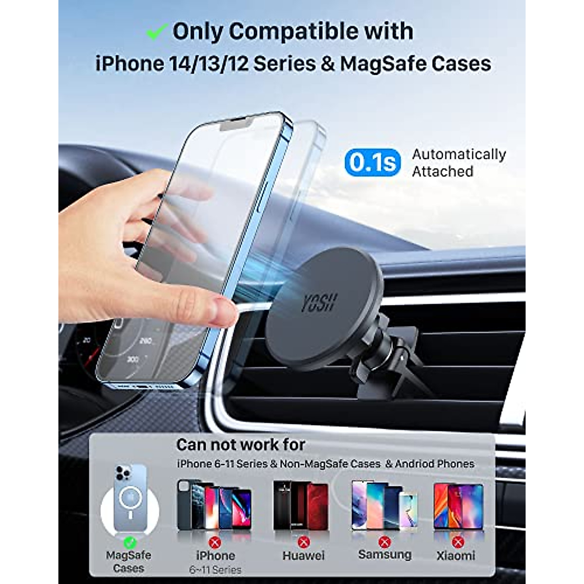 YOSH Mag-Safe Car Mount Air Vent, Car Phone Holder iPhone Magnetic Phone Car Mount Magnet Phone Holder for Cars, for iPhone 14/13/12 Series & MagSafe Case with Double Lock Clip Without Metal Plates