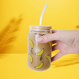 BANANA POP-ART CUP, TUMBLER, ICED COFFEE CUP, BAMBOO LID, GLASS STRAW, 12 OZ DRINKING GLASS, BEER CAN SHAPED GLASS, MASON JAR, BANANA GIFT, BANANA ACCESSORIES, BANANA CUP, ICED TEA, LEMONADE CUP