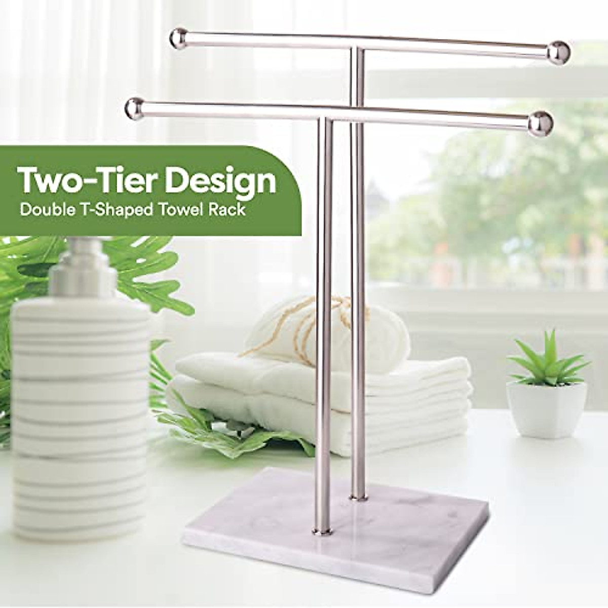 Homeries Marble Hand Towel Holder - Stainless Steel Towel Stand with Round Marble Base - Double T-Shape Hand Towel Valet for Bathroom, Vanity Top Towel Stand, Counter Towel Bar, Jewelry Rack