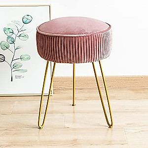 LUE BONA Mid Century Modern Velvet Upholstered Pleated Round Footrest Stool Ottoman with Metal Legs, Home Multifunctional Luxury Ottoman Suitable for Living Room and Bedroom