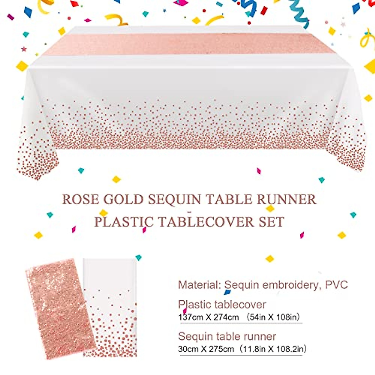HAOBAOBEI Rose Gold Tablecloth Sequin Table Runner Set, Plastic Table Cloths Pink White Party Decorations, Rectangle Glitter Table Cover for Birthday Wedding Anniversary Parties Supplies (54x108 inch)