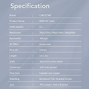 Cabletime 8K HDMI Ultra HD High Speed 60Hz 4K@144Hz and HDR Support 48Gbps Cable Compatible with Apple TV Roku Netflix PS4 Pro Wii Xbox One X Samsung Sony LG (1M/3.3FT)