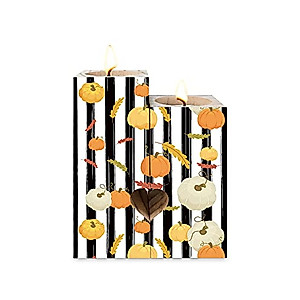 Black Pumpkins Stripes Candle Holder with Tea Light,Vintage Wood Tealight Candle Stick Holder Pillar Centerpiece,Heart-Shaped Wooden Candle Holders Set Fall Thanksgiving Sunflower Rustic Autumn Leaves