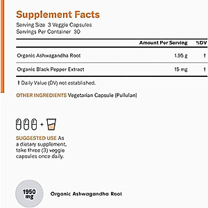 Physician's CHOICE Organic Ashwagandha 1950mg w/ Black Pepper Extract for Enhanced Absorption - Stress Support - Mood Support - Wellbeing Supplement, 90 Veggie Ashwagandha Root Powder Capsules