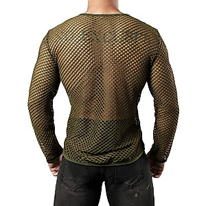 JOGAL Men's Mesh Fishnet Fitted Long Sleeve Muscle Top Small WG04 ArmyGreen