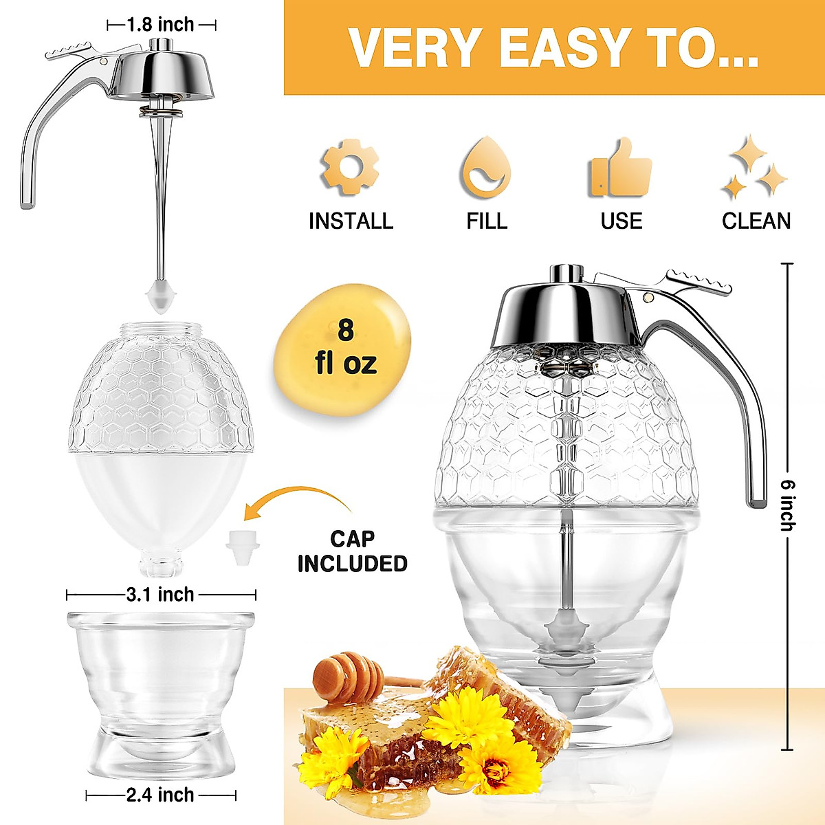 Honey Dispenser No Drip Glass, Maple Syrup Dispenser, Honey Jar with Stand, 8 oz Beautiful Honey Comb Shaped Honey Pot, Perfect Bee Decoration for Home Kitchen