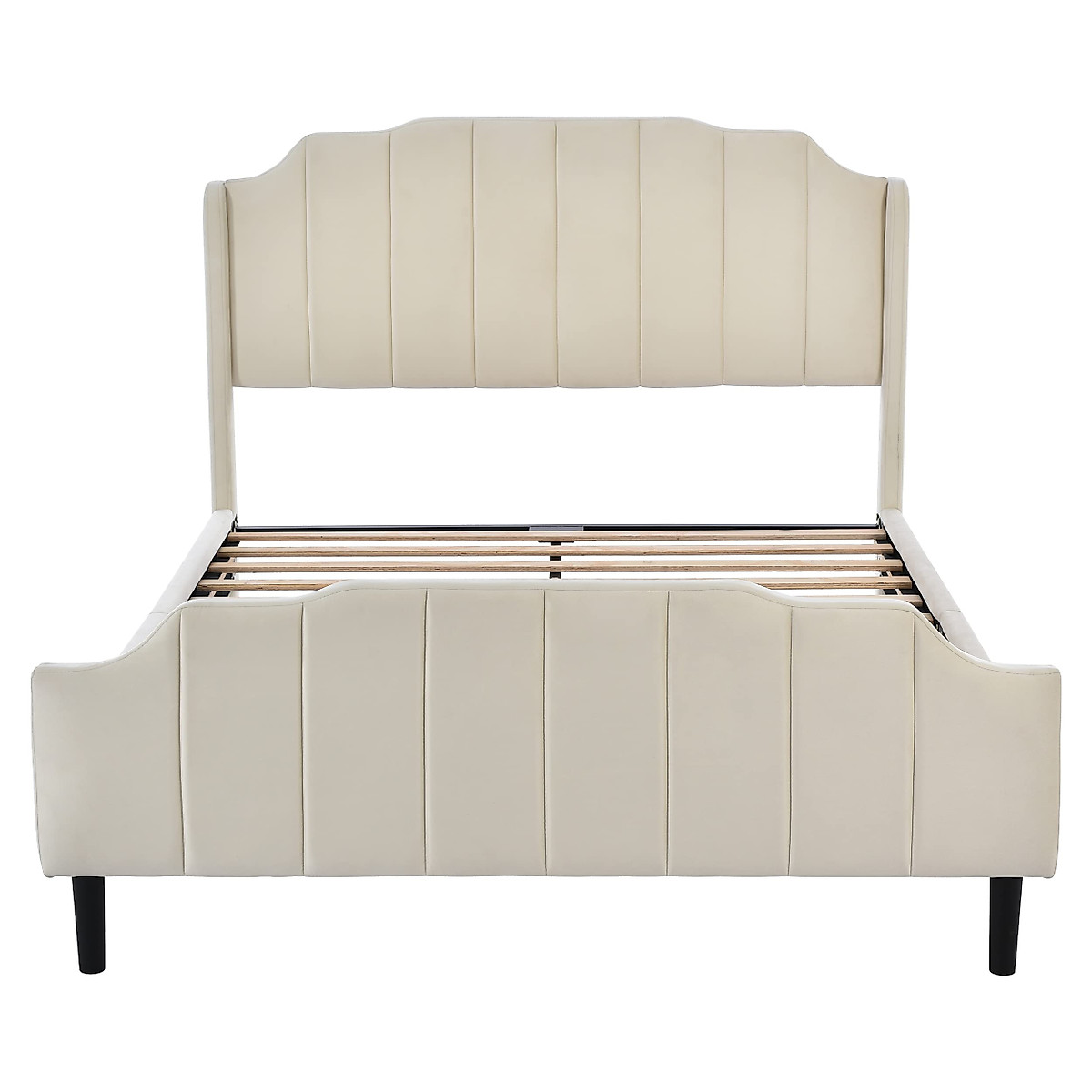 RUNWON Queen Size Upholstered Platform Bed,Bed Frame with Headboard and Footboard for Living Room/Bedroom, Velvet Fabric,Beige