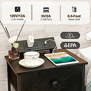 AMHANCIBLE Night Stand Set 2, Small Black Nightstand with Charging Station, End Side Tables Living Room with USB Ports & Outlets, Slim Bedside Table with Drawers for Bedroom HET03SDPBK