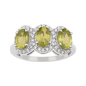 MOONEYE Trio Stone Ring! 7X5MM Oval Green Peridot Gemstone 925 Sterling Silver Bridal Wedding Ring (Silver, 9)