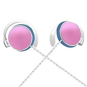 C-YOUNG Clip On Earphones，Over Ear Running Stereophone Headphones for Workout Exercise Gym Compatible for iPhone, Android Mobile Phone, with Microphone and Call Controller Stereo Earphones (Pink)