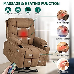 YITAHOME Electric Power Lift Recliner Chair for Elderly, Fabric Recliner Chair with Massage and Heat, Spacious Seat, USB Ports, Cup Holders, Side Pockets, Remote Control (Brown)