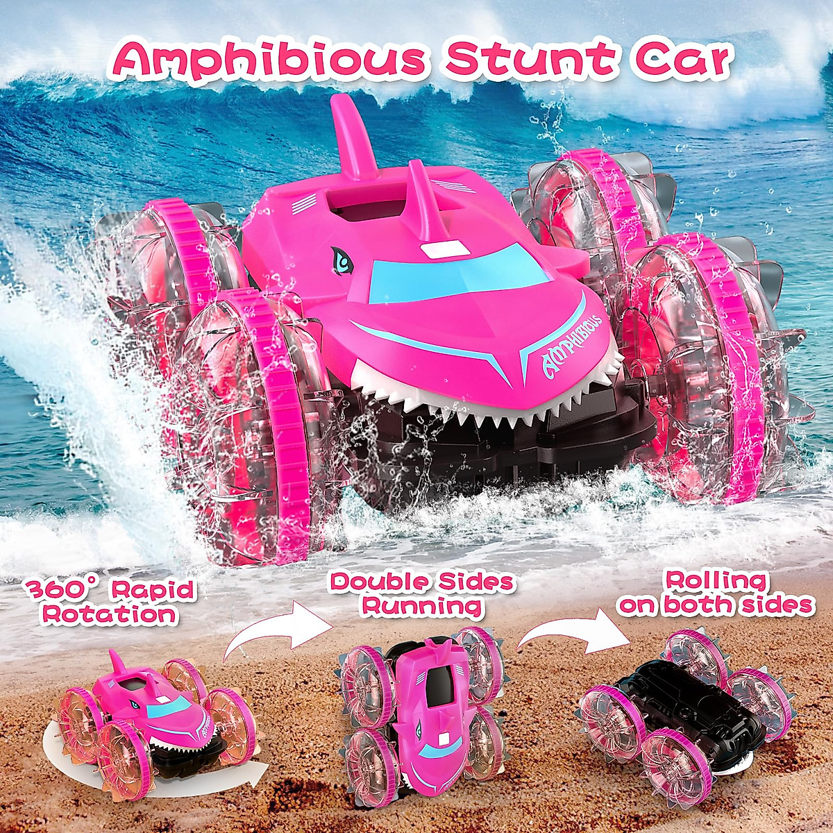 Axirata Amphibious RC Car with Lights for Kids 6-12 Year Old Girls Toy Gesture Hand Remote Control Boat 4WD 2.4GHz Waterproof RC Stunt Car 360° Rotating Water Beach Pool Toys Gift for Girls Kids