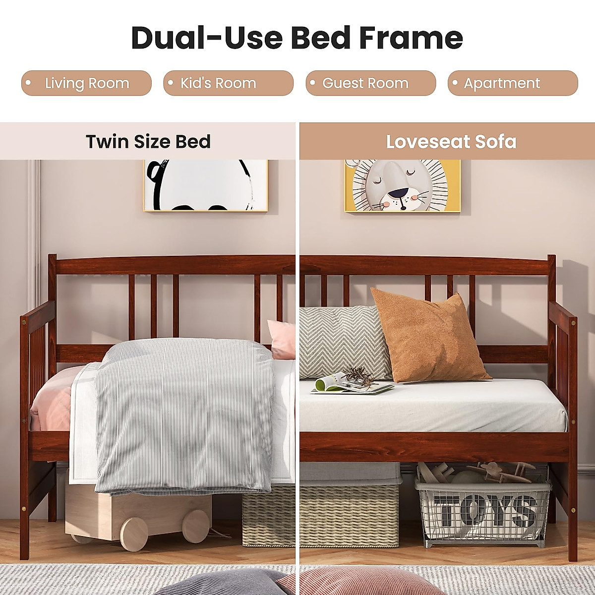 Giantex Twin Daybed Frame, Wooden Sofa Bed Guest Bed with Rails & Wood Slat Support, Dual-use Twin Size Platform Bed Frame for Living Room Bedroom, No Box Spring Needed, Cherry