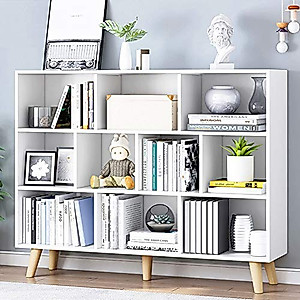 IOTXY Wooden Open Shelf Bookcase - 3-Tier Floor Standing Display Cabinet Rack with Legs, 10 Cubes Bookshelf, Warm White