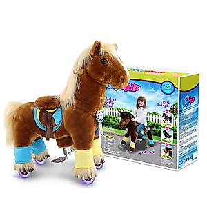 PonyCycle Official Walking Horse No Battery No Electricity Mechanical Brown Color Giddy up Pony Plush Toy Ride on Animal for Age 3-5 Years Small Size - K32