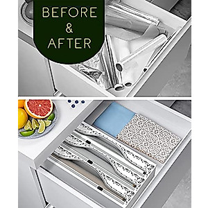 Extra Long Foil and Plastic Wrap Organizer for 15" Rolls, 3 in 1 Plastic Wrap Dispenser with Cutter, Aluminum Foil Organization And Storage, Parchment, Wax Paper Dispenser for Drawer