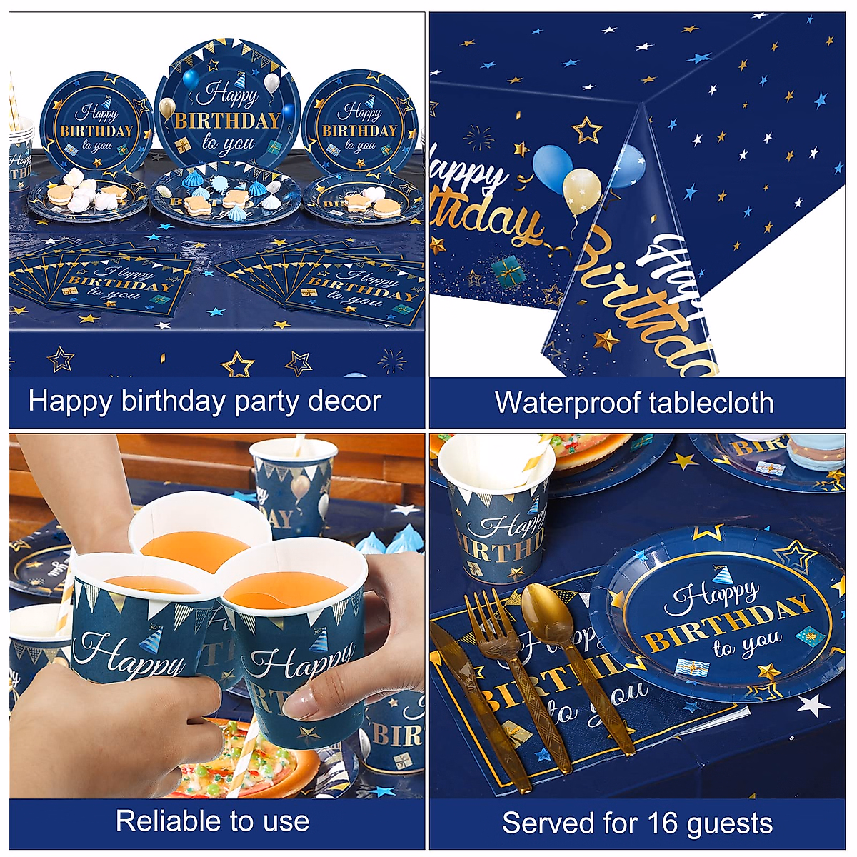 Capoda Birthday Party Supplies Happy Birthday Tableware Set Confetti Starry Tablecloth Plates Cups Napkins Dinnerware for Kids Adults Party Supplies Decor(Navy Blue and Gold)