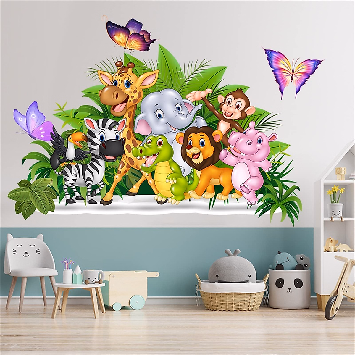 Colorful Animal Wall Sticker Green Leaf Butterfly Cartoon Animal Sticker African Jungle Elephant Giraffe Monkey Lion Lifelike 3D Picture Children's Bedroom Wallpaper Decoration Nursery Classroom Living Room (Green1)