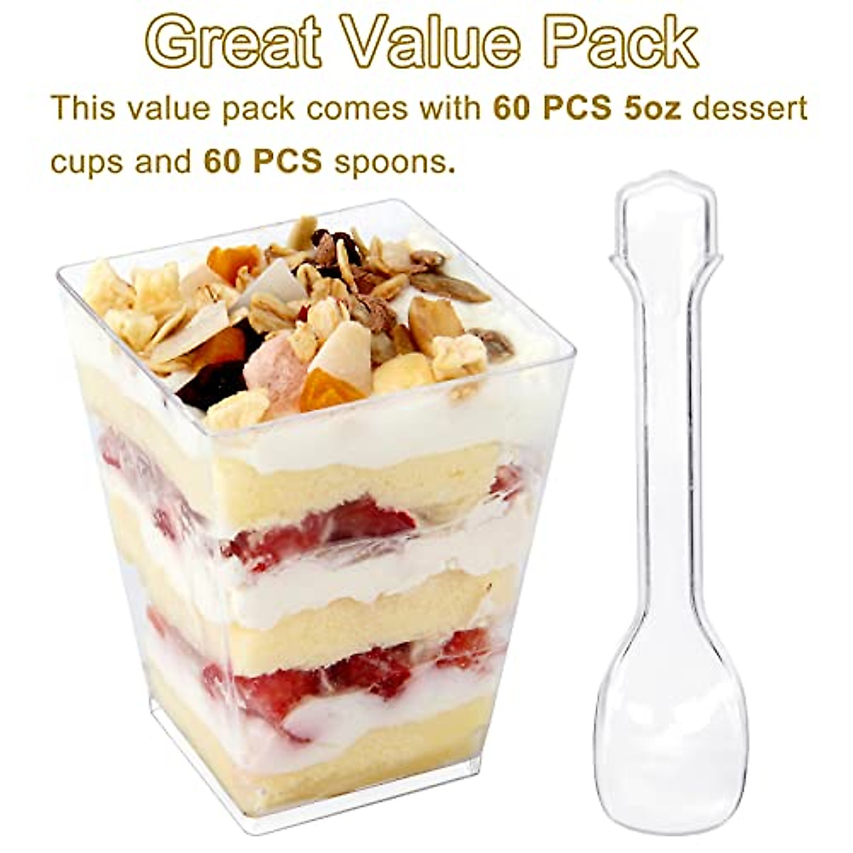 Colovis Dessert Cups, 60 Count 5oz Clear Plastic Parfait Appetizer Cups with Spoons Square Dessert Serving Cups for Parties, Events, Catering (60)