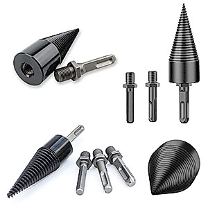 Hlimior Firewood Log Splitter,3pcs Firewood Drill Bit Removable Cones Kindling 32mm/1.26inch Wood Splitting logs bits Heavy Duty Electric Drills Screw Cone Driver Hex + Square + Round