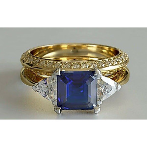 BeBold 3ct Asscher Cut Created Blue Sapphire Engagement Ring for Women Bridal Set Yellow Gold Plated