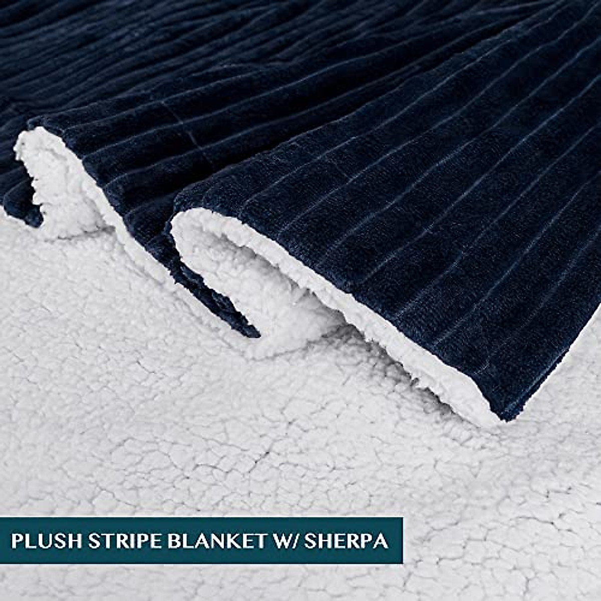 PAVILIA Sherpa Fleece Blanket Throw | Stripe, Super Soft, Plush, Luxury Flannel Throw | Thick Fluffy Ribbed Microfiber Blanket for Sofa Couch Bed (Navy Blue, 50x60 inches)