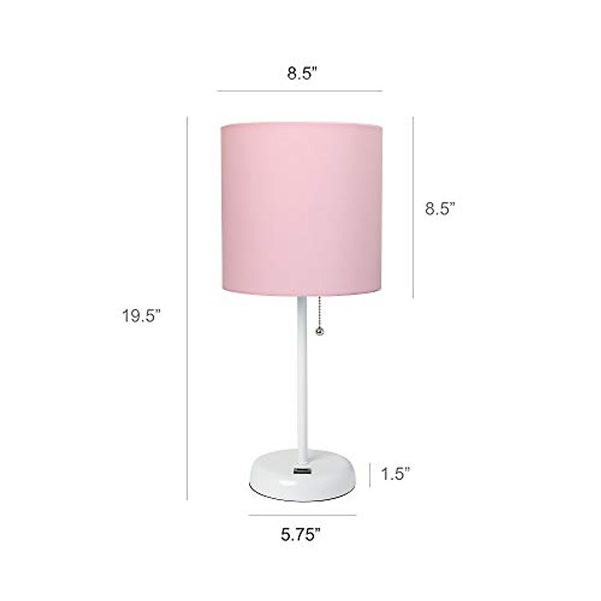 Limelights LT2044-POW Stick USB Charging Port and Fabric Shade Table Lamp, White/Light Pink,8.5 x 8.5 x 19.5