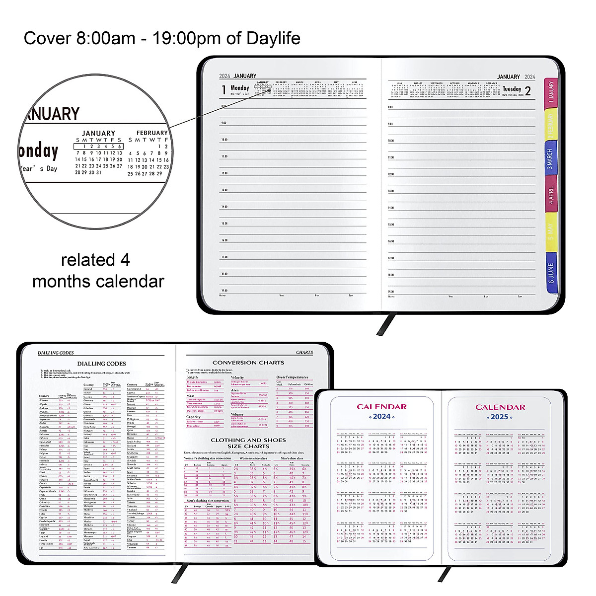 Holoary 2024 Diary, Daily Planner, January 2024 - December 2024 with 12 Monthly Tabs, 5.7’’×8.3’’ Appointment Notebook with Calendar, Inner Pocket and Sticker (Black)