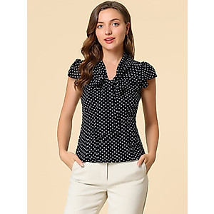 Allegra K Women's Polka Dots Tie Neck Blouse Summer Ruffled Cap Sleeve Office Top Medium Black